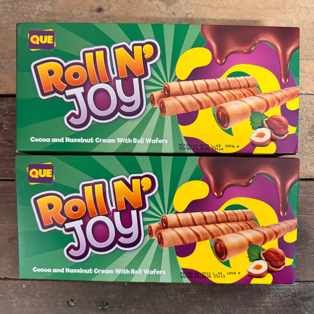 2x Que Roll N' Joy Cocoa & Hazelnut Cream Wafer Rolls Boxes (2x100g ...