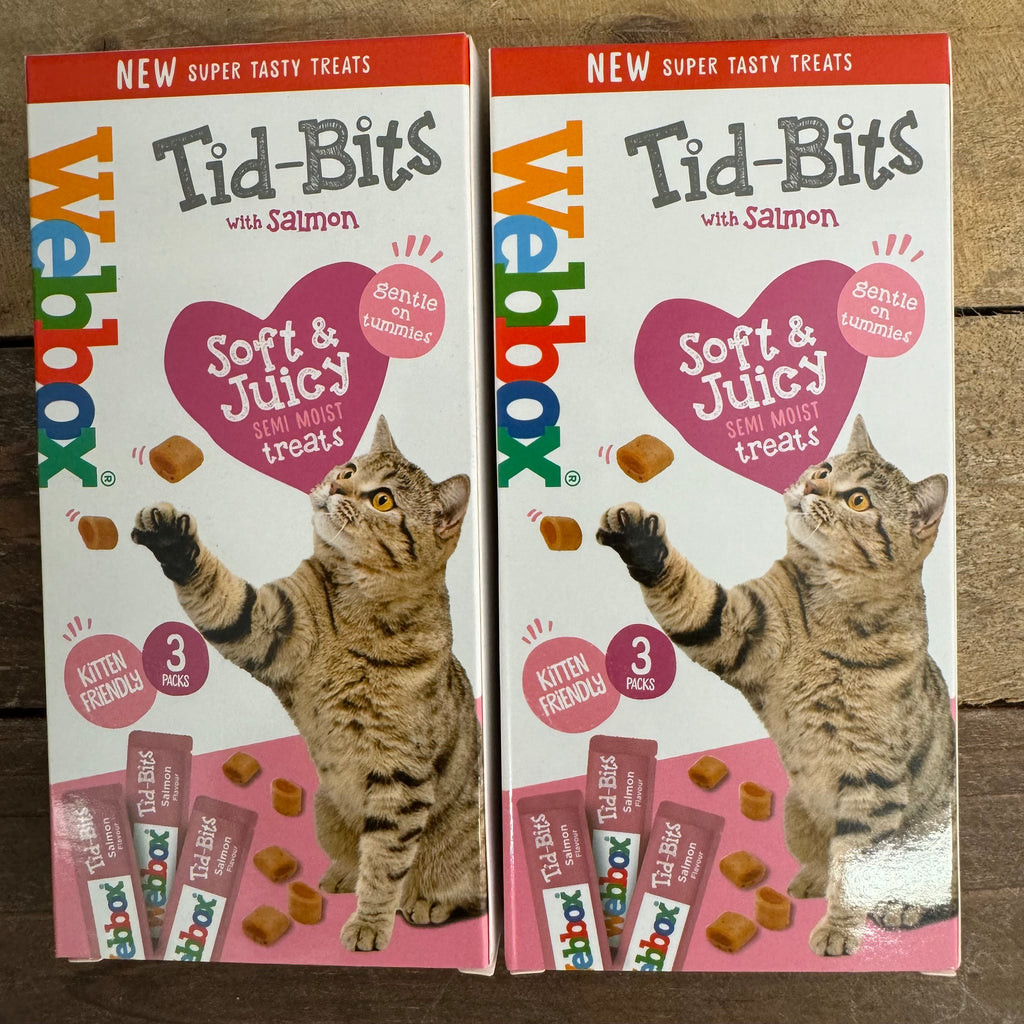 12x Webbox Tasty Tid Bits Salmon Cat Treats Packs (4 Boxes of 3x10g ...
