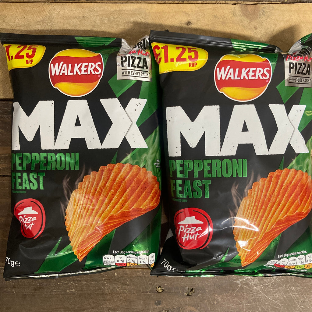 6x Walkers Max Pizza Hut Pepperoni Feast Crisps Bags (6x70g) & Low ...