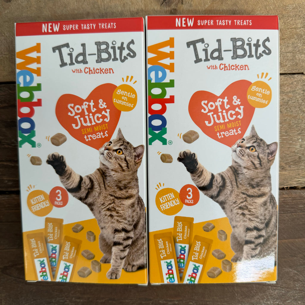 12x Webbox Tasty Tid Bits Chicken Cat Treats Packs (4 Boxes of 3x10g ...