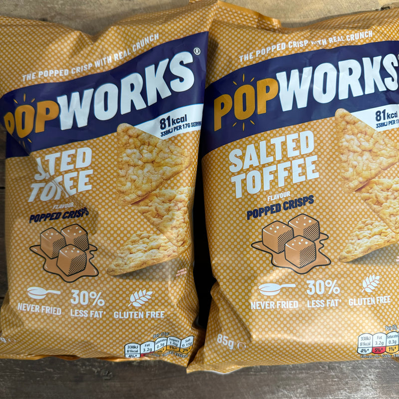 6x Popworks Salted Toffee Popped Crisps Sharing Bags (6x85g) & Low ...