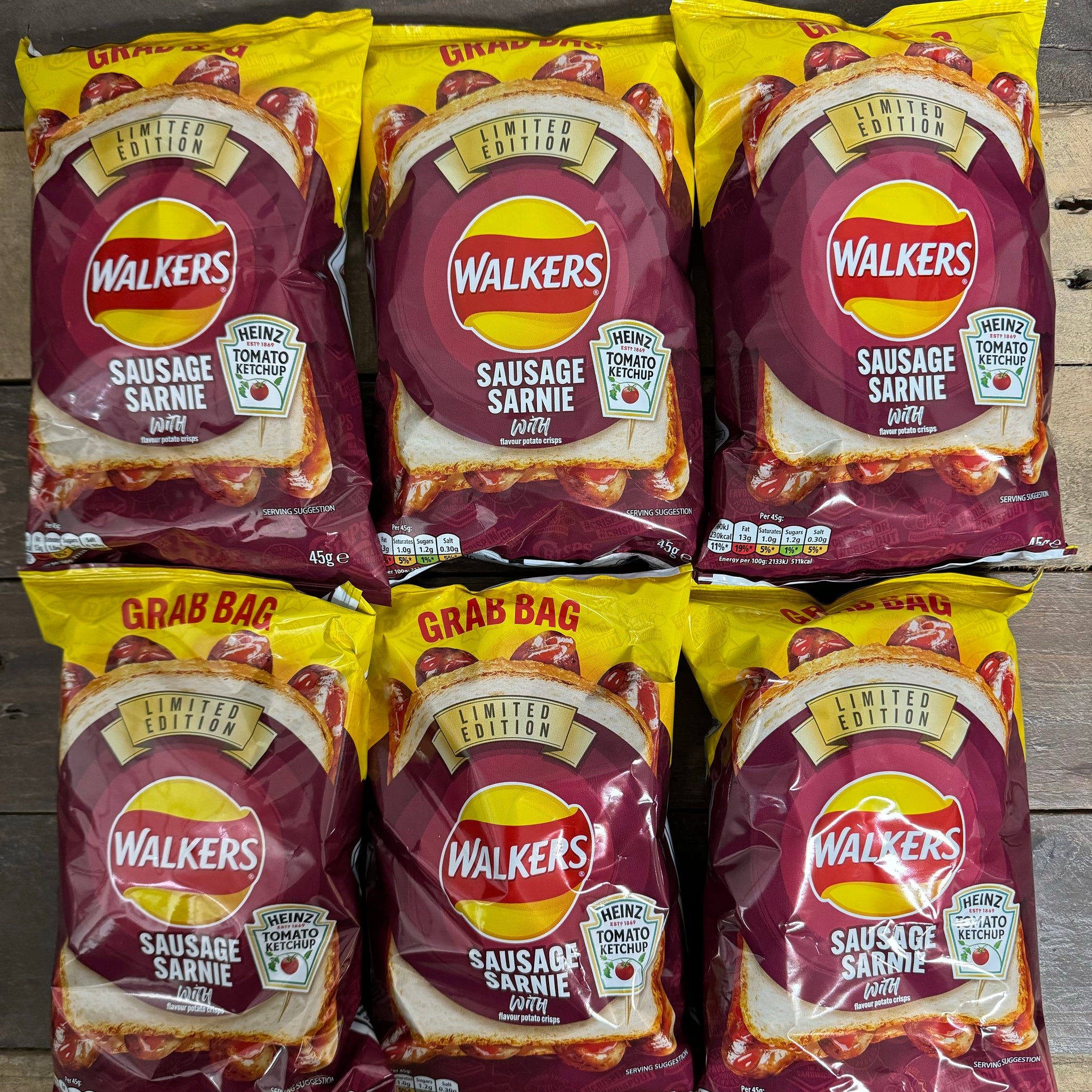 6x Walkers Sausage Sarnie with Heinz Tomato Ketchup Crisps Grab Bags ( & Low Price Foods Ltd