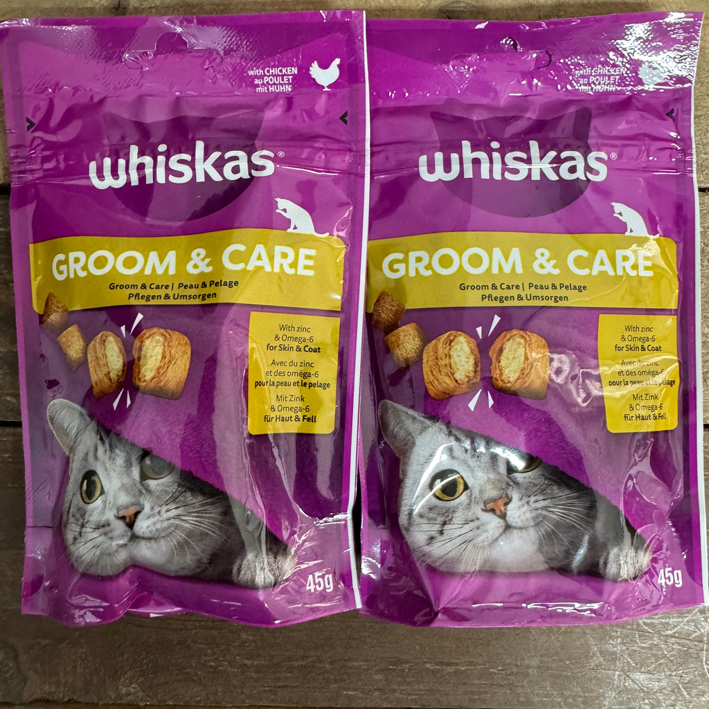 8x Whiskas Groom & Care with Chicken Cat Treats Bags (8x45g) & Low ...