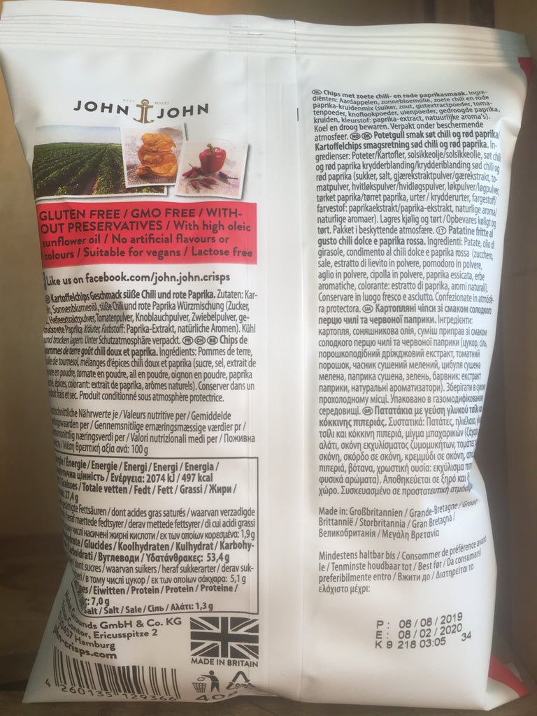 John John Sweet Chilli & Red Pepper Crisps 40g & Low Price Foods Ltd