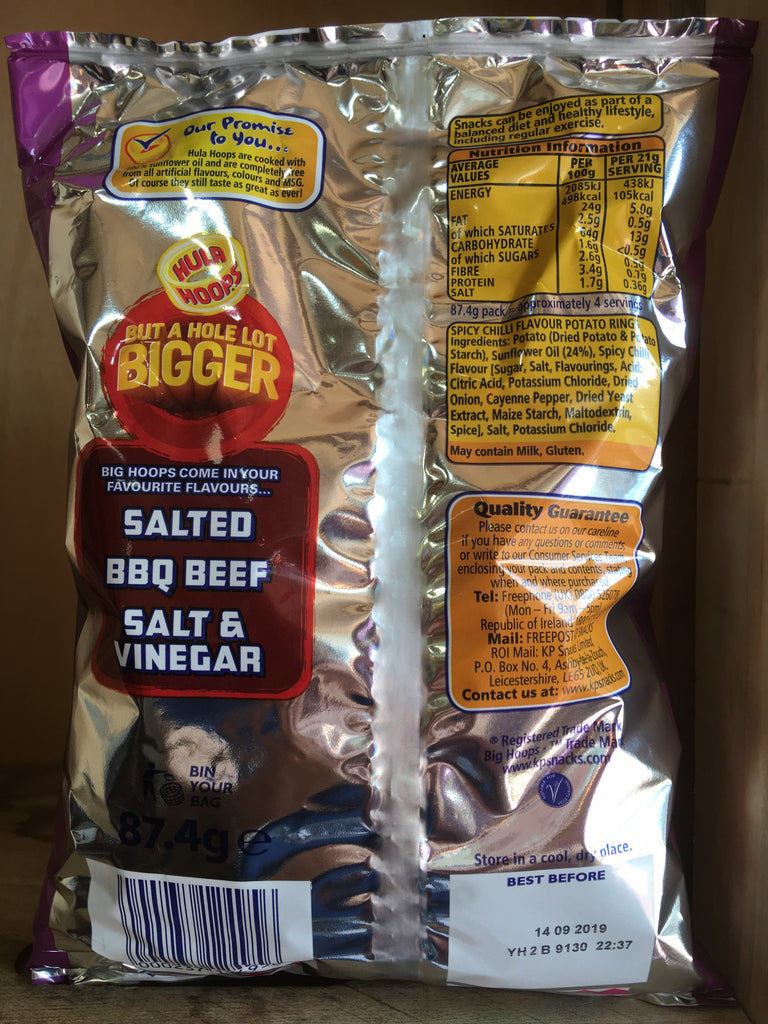 Hula Hoops Spicy Chilli Big Hoops Potato Rings 87.4g & Low Price Foods Ltd