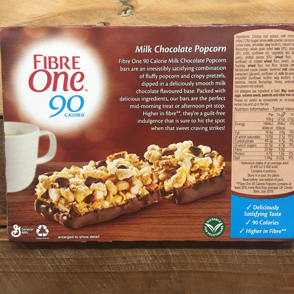 16x Fibre One 90 Calorie Milk Chocolate Popcorn Bars (4 Packs of 4x21g ...