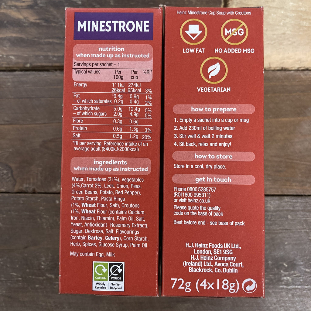 8x Heinz Minestrone Cup Soups (2 Packs of 4 Sachets) & Low Price Foods Ltd