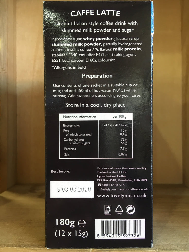 Lyons Caffe Latte 12 Sachets 180g & Low Price Foods Ltd