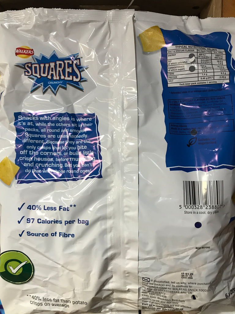 Walkers Squares Crunchy Salt & Vinegar 6x22g & Low Price Foods Ltd