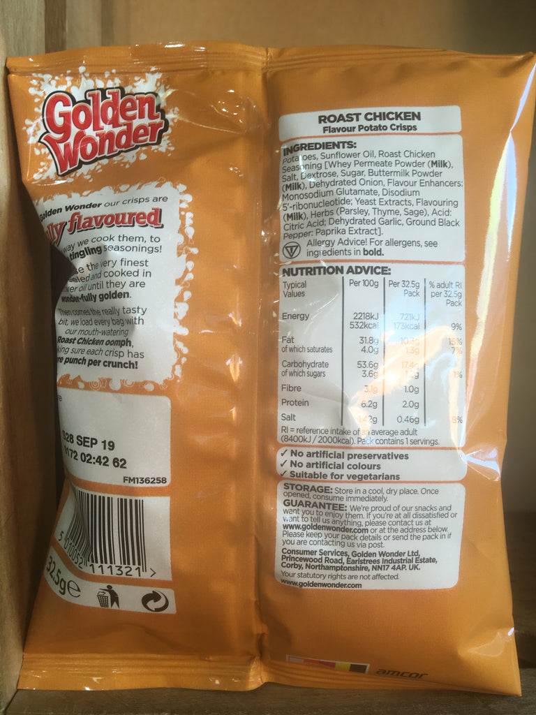 32x Packs of Golden Wonder Roast Chicken Crisps (32x32.5g) & Low Price ...